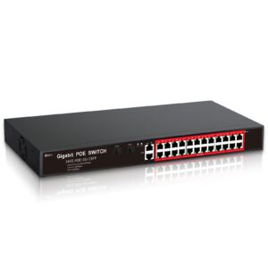 steamemo 24 port gigabit ethernet poe switch 24 poe ports@360w, 2 uplink gigabit ports and 2 sfp slots, metal casing, fanless, plug and play, overload protection w/ port