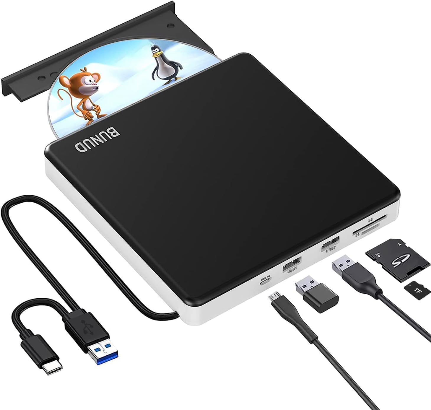 External CD DVD Drive, USB 3.0 DVD Drive External CD Burner for Laptoop with 2 USB and TF/SD Slots, Portable CD/DVD Reader Writer DVD Player for MacBook Mac PC Windows 11 Linux OS