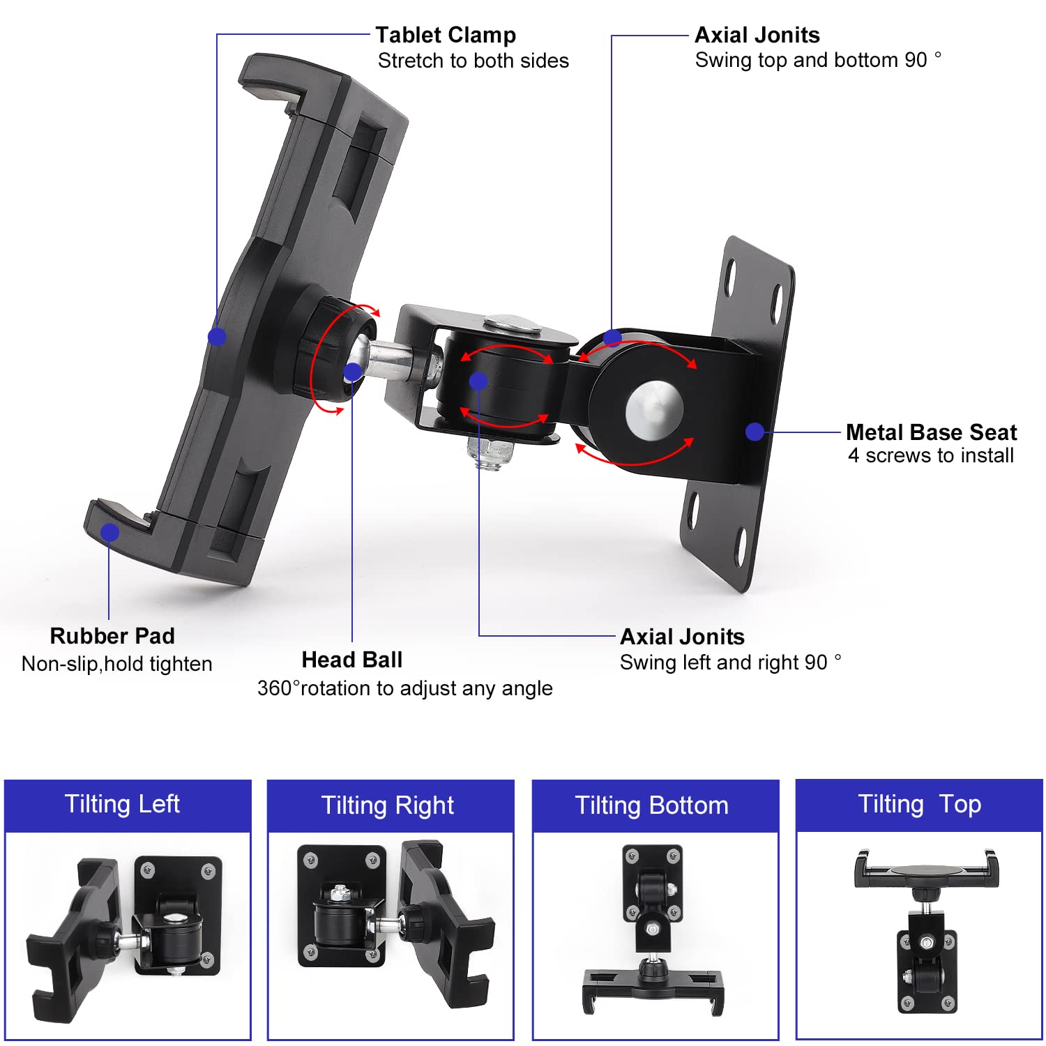 iTODOS Wall Mount Tablet Holder, Compatible with 7-12.9" iPad/Galaxy Tab S7/S8/S11/S10/iPhone/Cellphone, 360 Adjustable, Non-Slip Clip, Sturdy Aluminum Bracket, Easy Installation