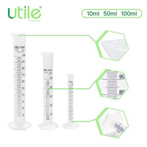 Utile Plastic Graduated Measuring Cylinder Set, 3 Sizes 10ml 50ml and 100ml, PP Material with Hexagonal Base and Blue Printed Graduation, 4099.0015.1.