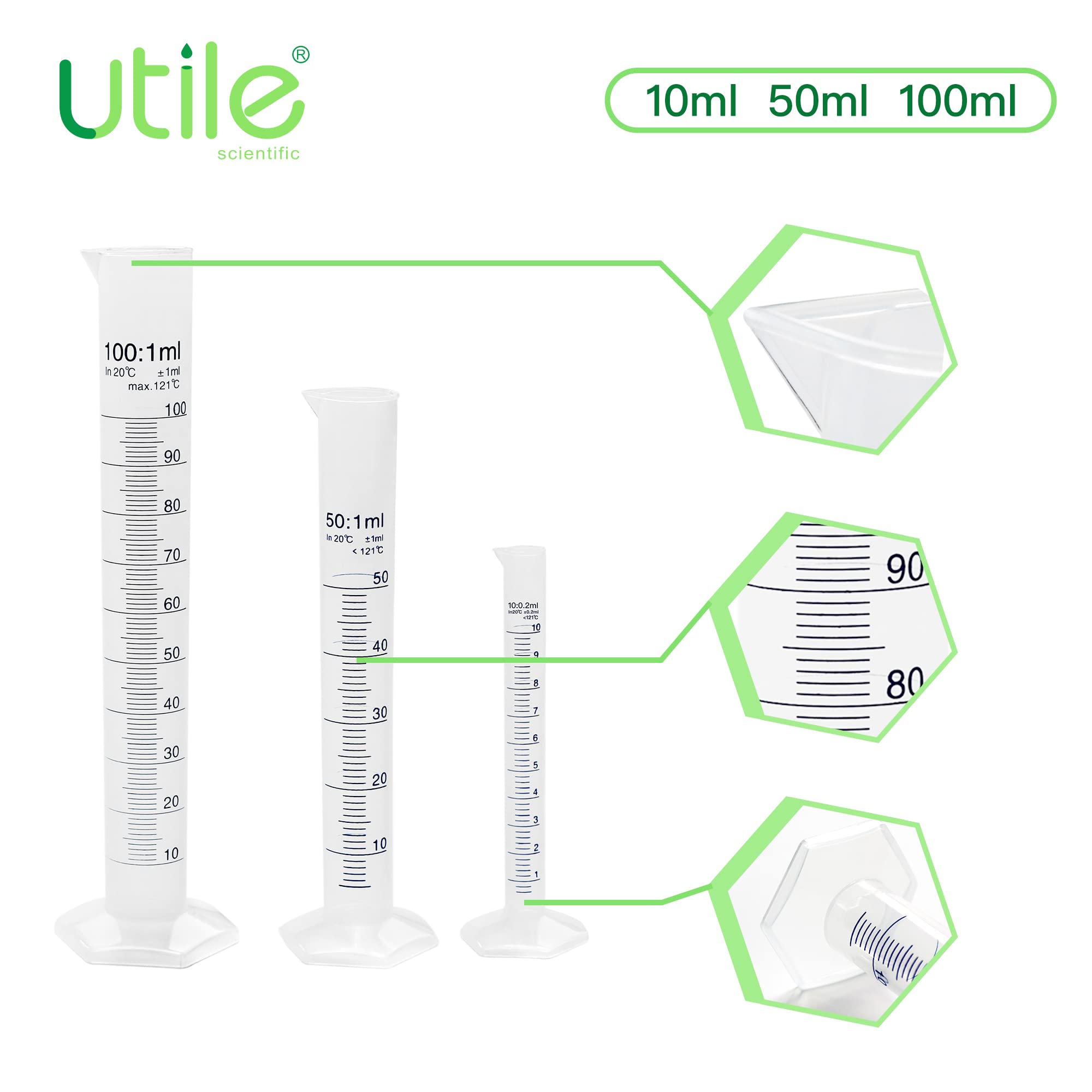 Utile Plastic Graduated Measuring Cylinder Set, 3 Sizes 10ml 50ml and 100ml, PP Material with Hexagonal Base and Blue Printed Graduation, 4099.0015.1.