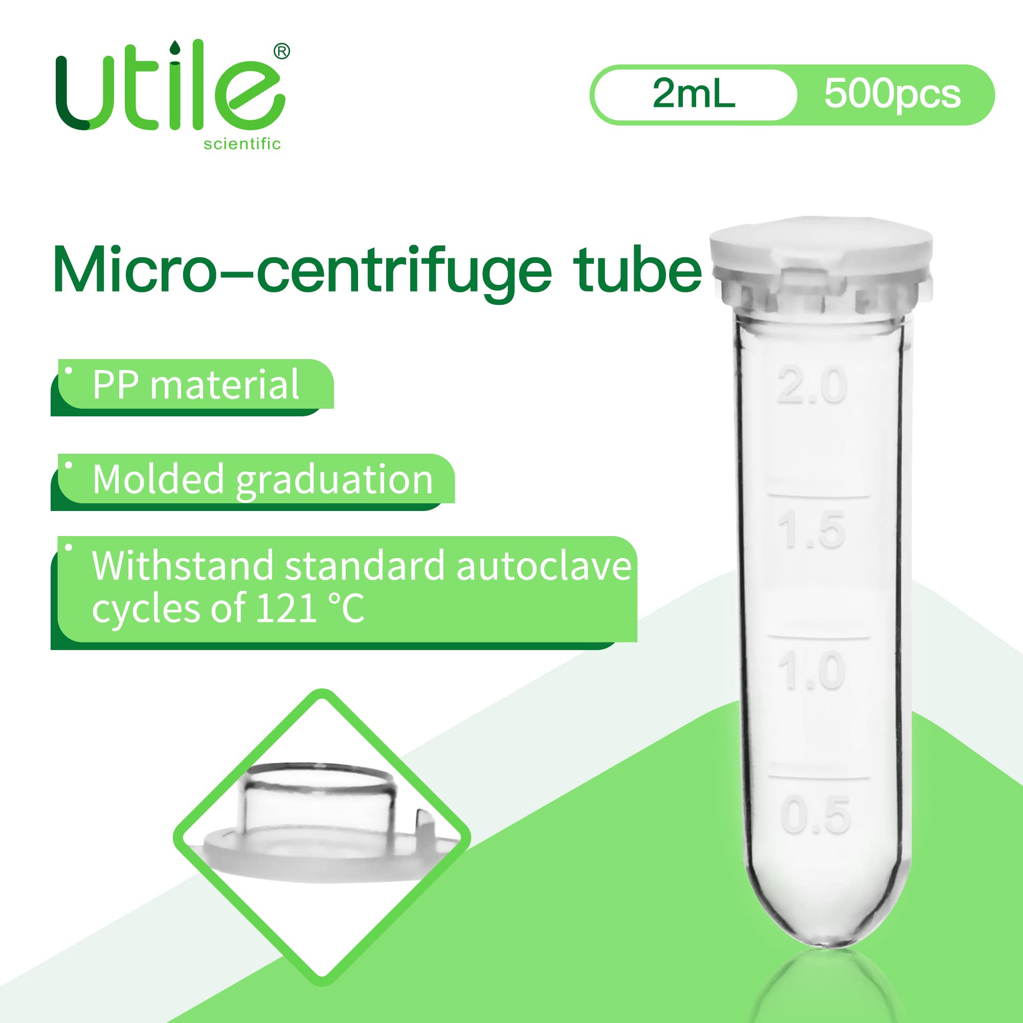 Utile 500pcs of 2ml Microcentrifuge Tubes, PP Material, Autoclavable Microcentrifuge Tubes, with Graduation and Frosted Writing Area, 4610.1815.500.