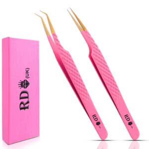 eyelash extension tweezers lash extension precision tweezers straight & curved set of 2 pieces 14cm, pink