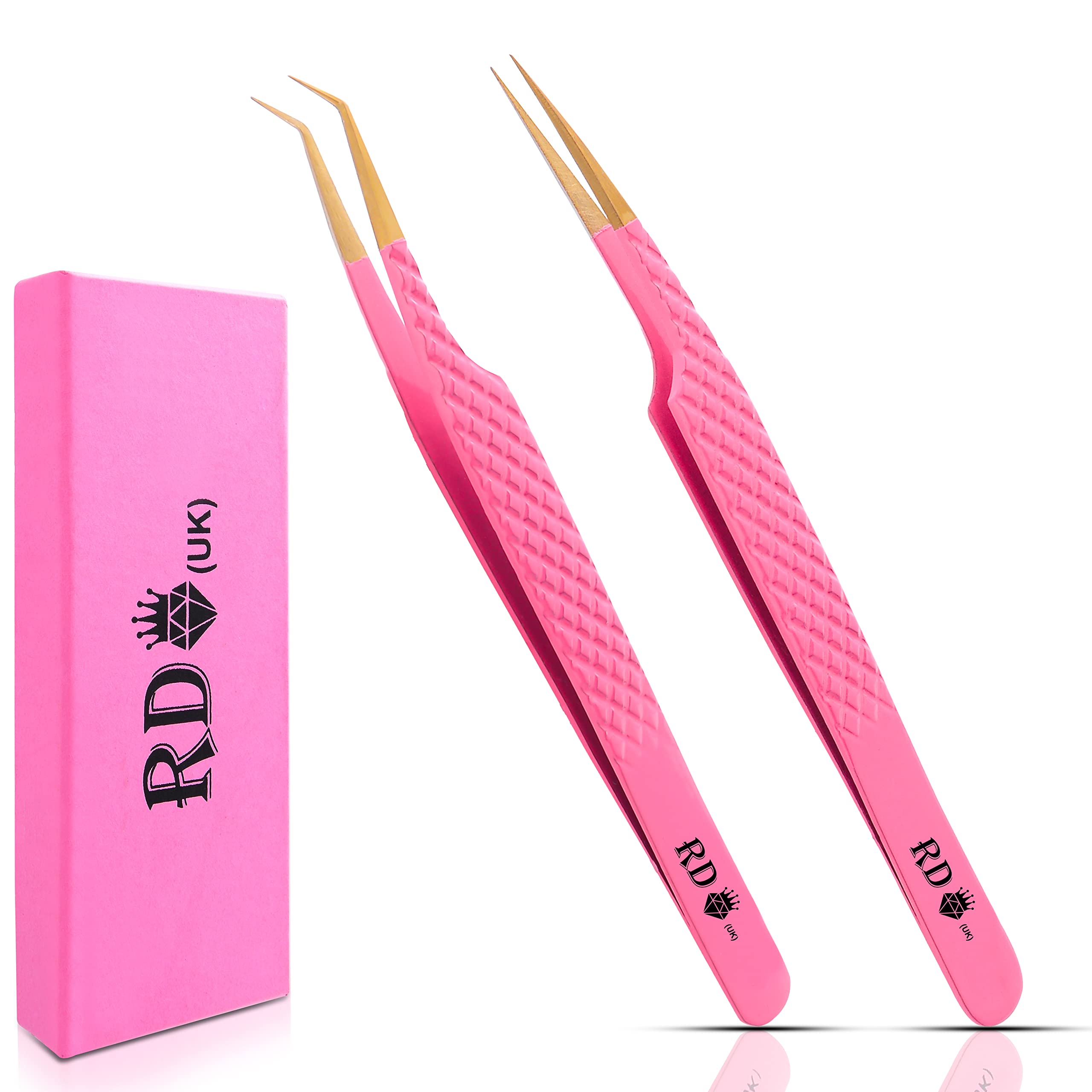 Eyelash Extension Tweezers Lash Extension Precision Tweezers Straight & Curved Set of 2 Pieces 14cm, Pink