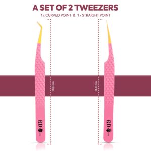 Eyelash Extension Tweezers Lash Extension Precision Tweezers Straight & Curved Set of 2 Pieces 14cm, Pink