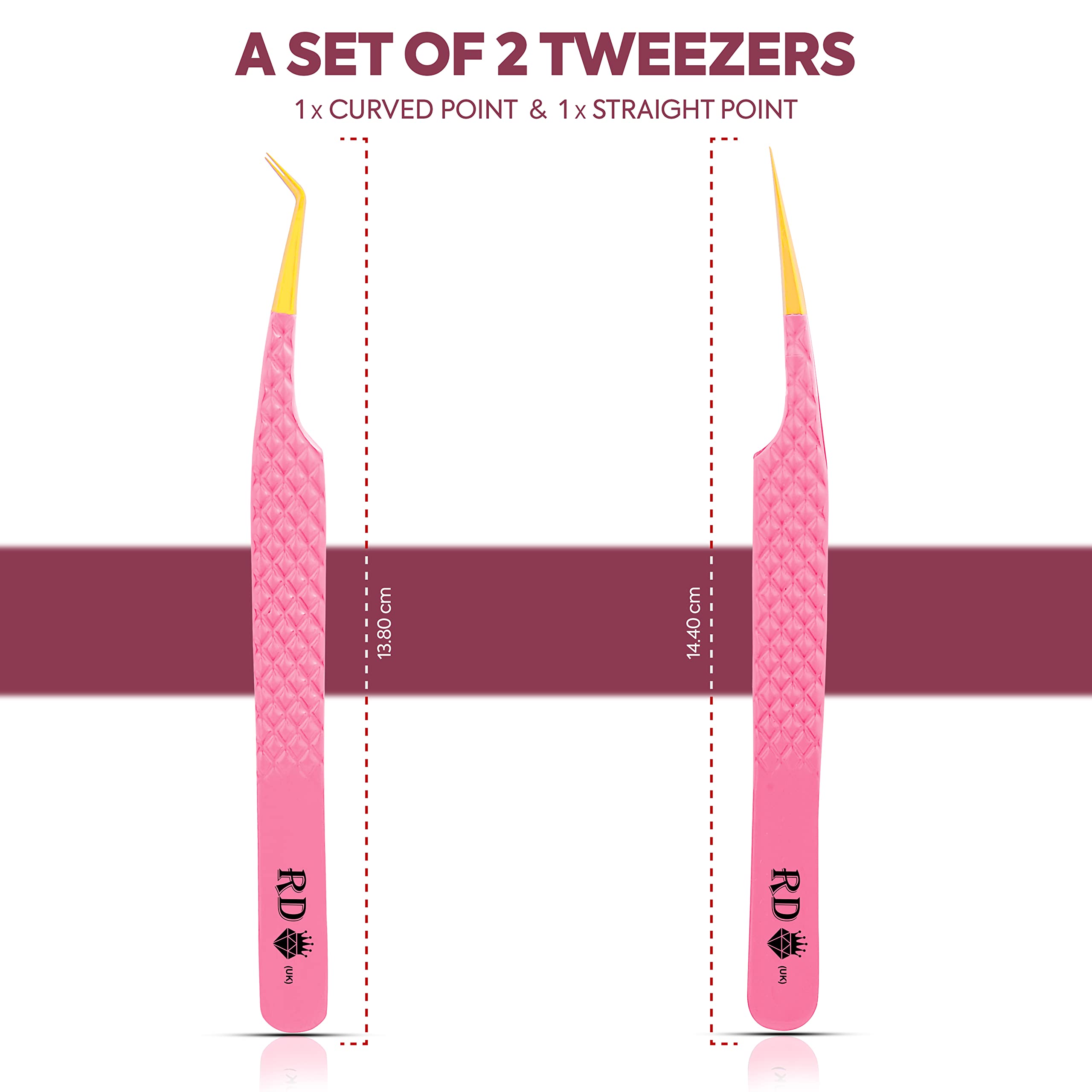 Eyelash Extension Tweezers Lash Extension Precision Tweezers Straight & Curved Set of 2 Pieces 14cm, Pink