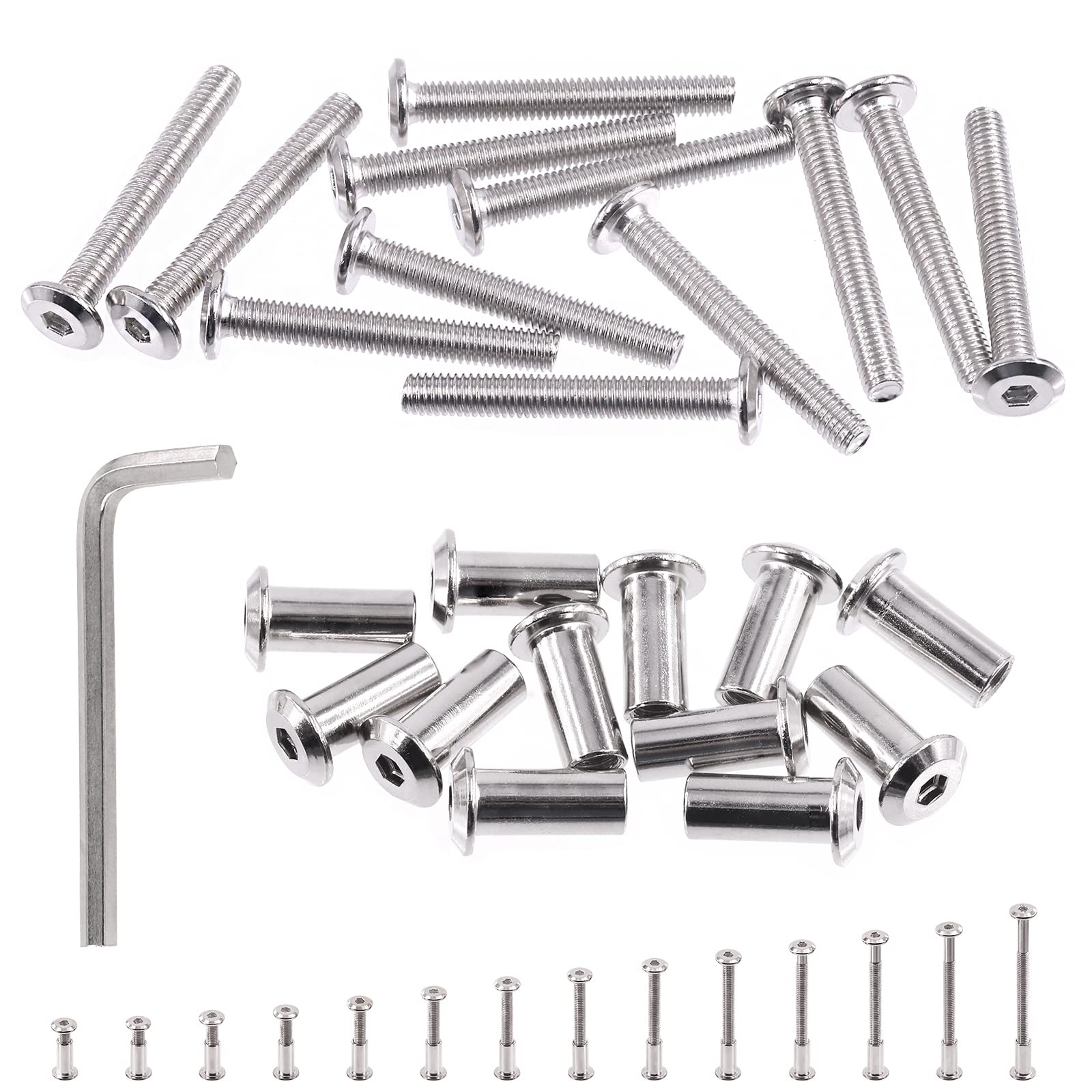 Keadic 25 Pcs M6 x 25mm Socket Cap Bolts Barrel Nuts Kit with Hex Key, Silver Binding Screws Stud Posts Assortment Kit Countersunk Furniture Crib Bolts for Bed Chair Table Cabinet