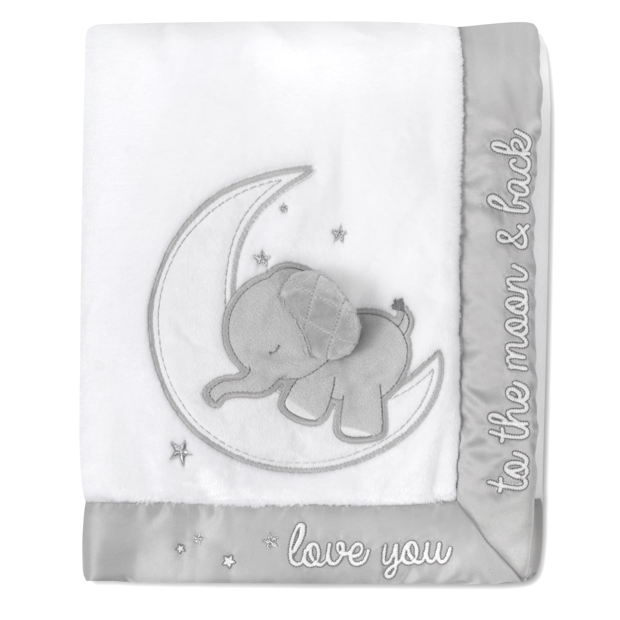 Wendy Bellissimo Super Soft Plush Baby Blanket - Moon and Back Elephant Baby Blanket in White & Grey (30x40)