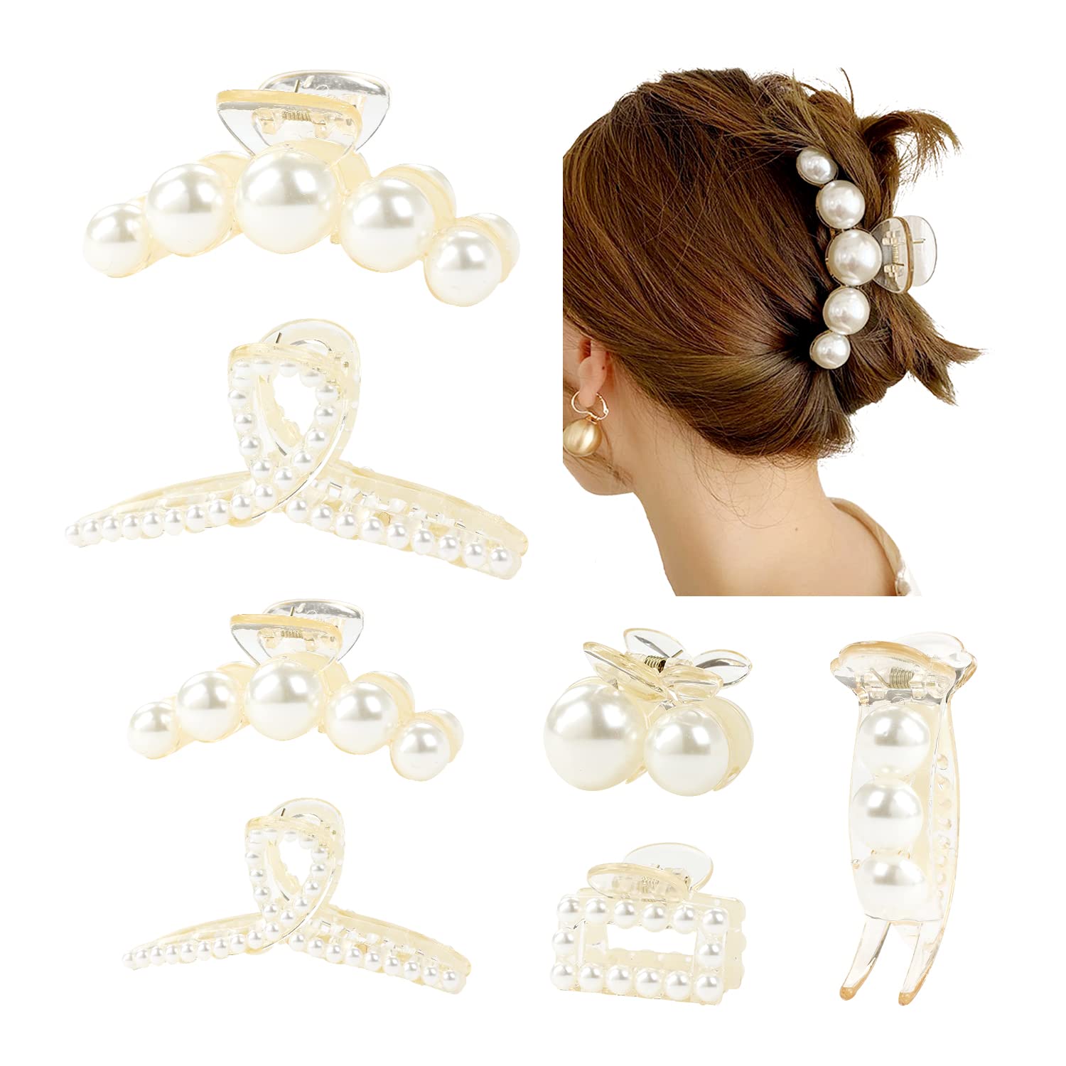 inSowni 7 Pack Pearl Plastic Hair Claw Clips White Fancy Non Slip Jaw Barrettes Elegant Hair Styling Grip Clamps Korean Decorative Wedding Bridal Hair Accessories Bulk for Women Girls Thin Thick Hair