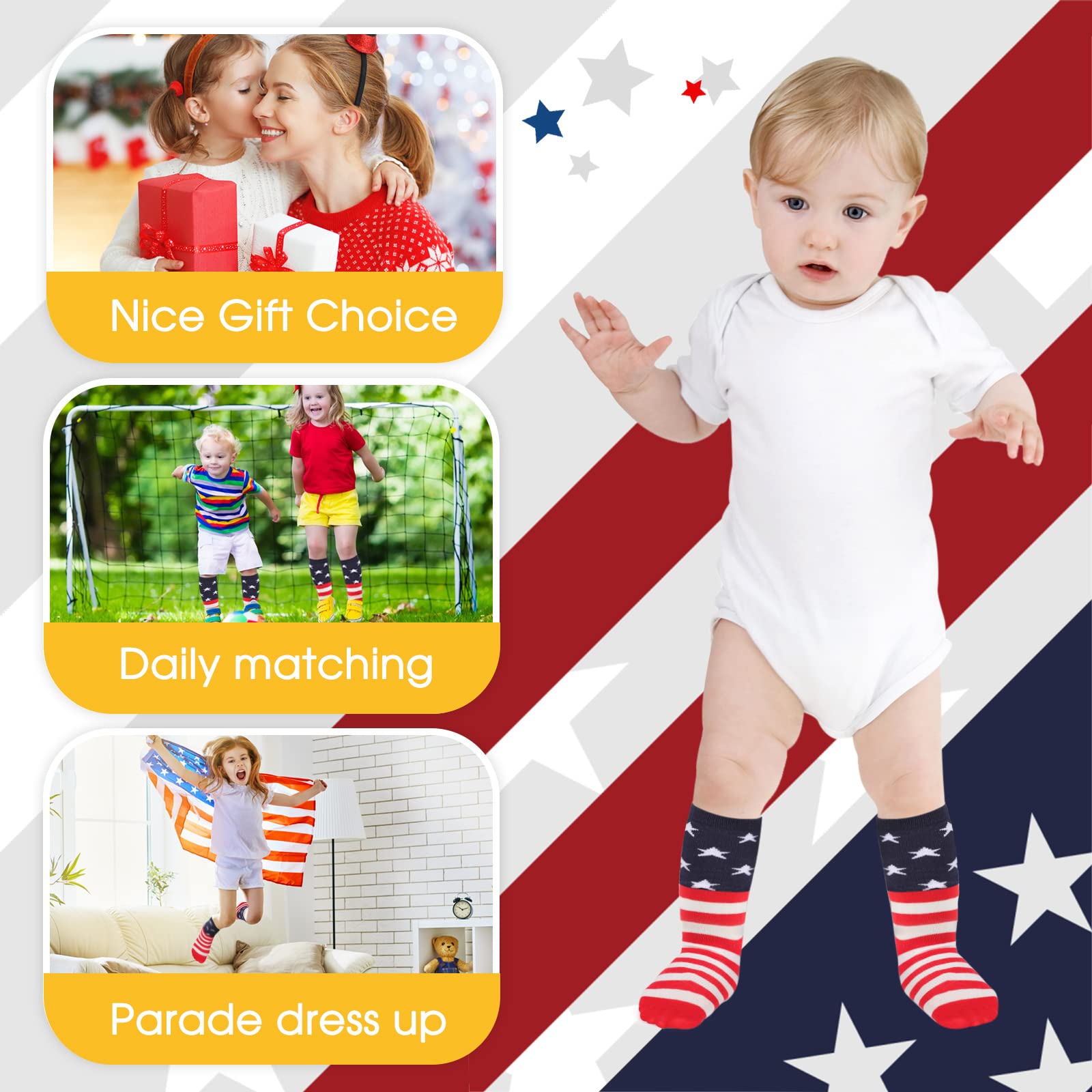 Haysandy Kids 4 Pairs American Flag Socks Cotton Independence Day Socks USA Knee High Socks for Girls Boys Baby Toddler (4-6 Years)