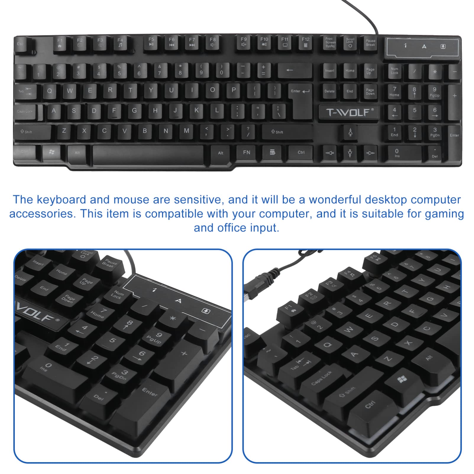 OSALADI 1 Set USB Wired Keyboard and Mouse Set Portable Plastic Office Led