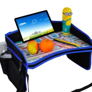 New Kids Travel Tray for Car Roadtrip, Fits in Airplane and Baby Carseats, Waterproof Top, Side Pockets & Bottle Holder, 16.9 x 12.6 Inches (Blue/Black)