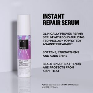 IGK CASH IN Instant Repair Serum | Breakage Protection + Seal Split Ends + Heat Protection | Vegan + Cruelty Free| 1.7 Oz