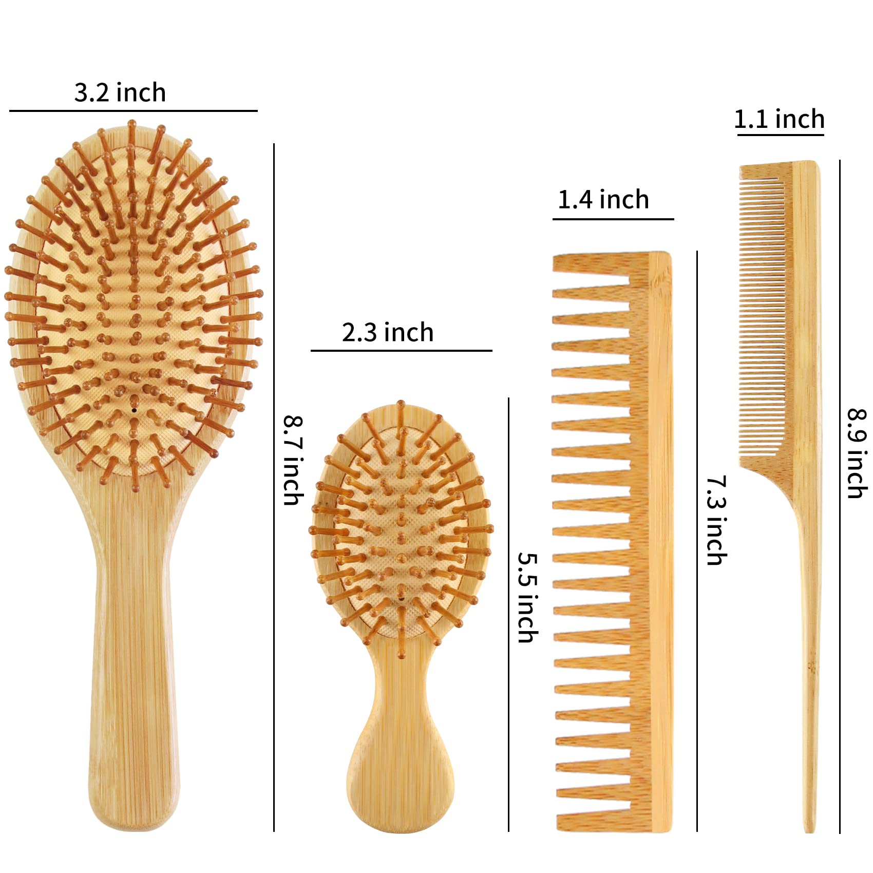 EKONAER 4 PCS Bamboo Hair Brush Set With Natural Wooden Wide-tooth and Tail Comb Big and Mini Paddle Detangling Hairbrush for Women men kids and Baby Thick Thin Curly Straight Dry