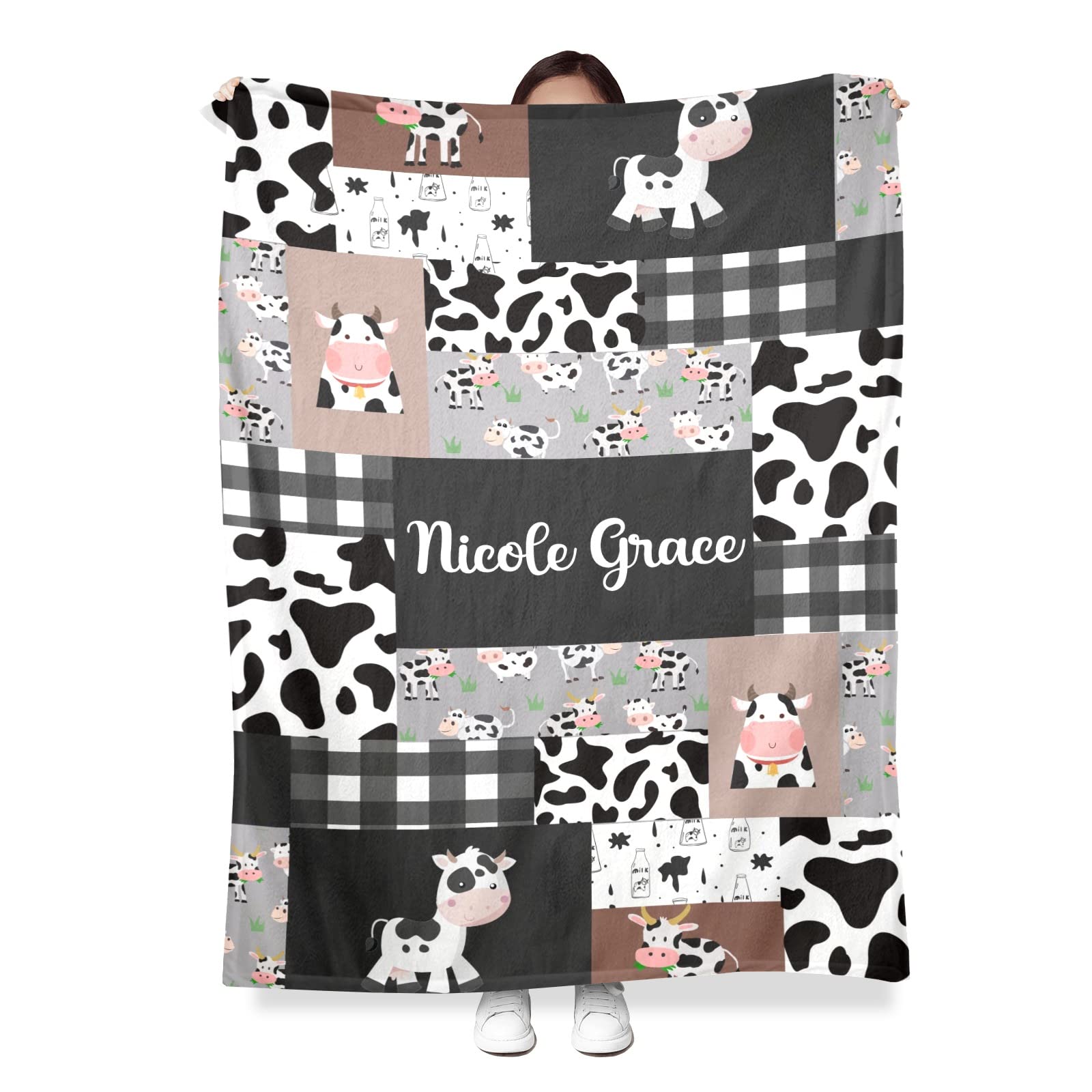 Personalized Baby Blanket - Soft Cow Print Patchwork Custom Blanket - Baby Shower Toddler Nursery Bed Blankets Stroller Crib 30x40 in