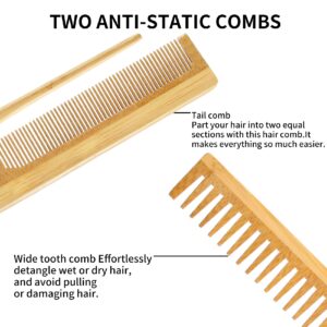 EKONAER 4 PCS Bamboo Hair Brush Set With Natural Wooden Wide-tooth and Tail Comb Big and Mini Paddle Detangling Hairbrush for Women men kids and Baby Thick Thin Curly Straight Dry