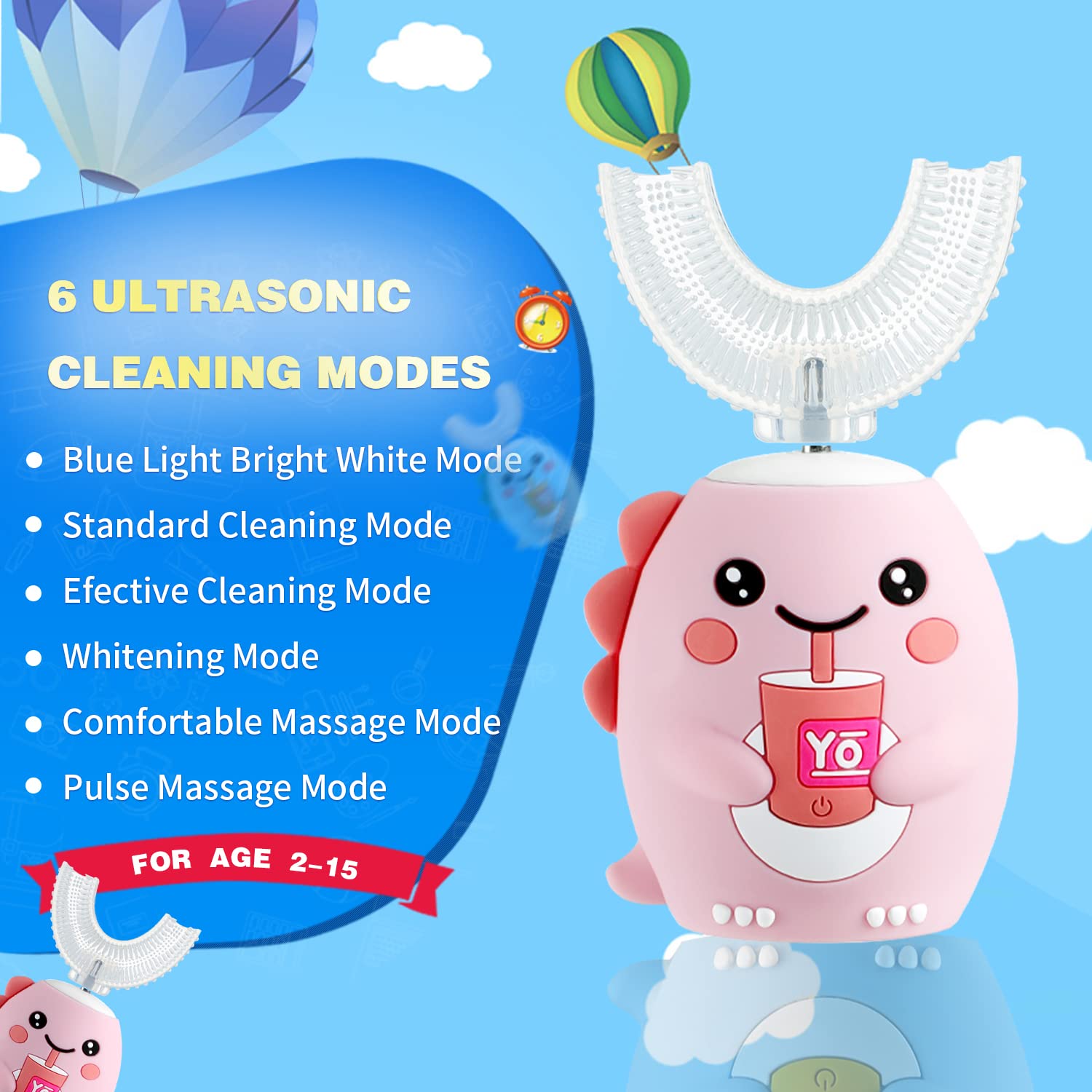 Yodabai Kids Electric Toothbrushes, U Shaped Ultrasonic Toothbrush ,Rechargeable Kids Toothbrush w/ Smart Timer, Sonic Toothbrush Kids with 6 Modes, IPX7 Waterproof Design (8-15 Year Old, Pink), K10