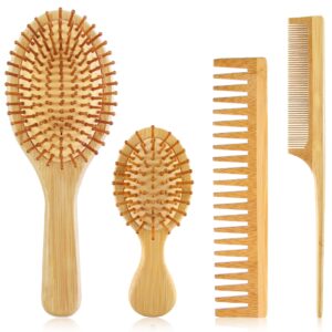 ekonaer 4 pcs bamboo hair brush set with natural wooden wide-tooth and tail comb big and mini paddle detangling hairbrush for women men kids and baby thick thin curly straight dry