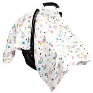 muslin baby car seat canopy, infant carseat cover, lightweight breathable soft for babies girls shower gift (rainbow)