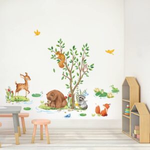 decalmile Forest Animals Tree Wall Stickers Bear Fox Deer Wall Decals Kids Bedroom Playroom Baby Nursery Wall Decor