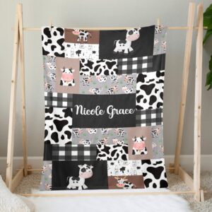 Personalized Baby Blanket - Soft Cow Print Patchwork Custom Blanket - Baby Shower Toddler Nursery Bed Blankets Stroller Crib 30x40 in