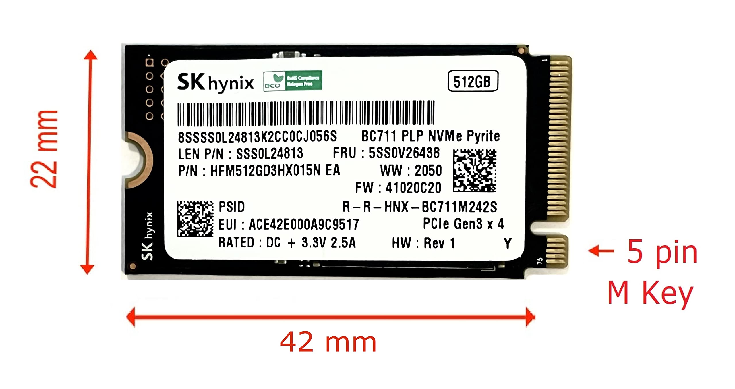 Oemgenuine OEM SKHynixx 512GB M.2 PCI-e NVME Internal Solid State Drive 42mm 2242 Form Factor M Key