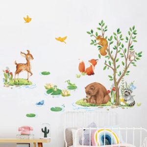 decalmile Forest Animals Tree Wall Stickers Bear Fox Deer Wall Decals Kids Bedroom Playroom Baby Nursery Wall Decor