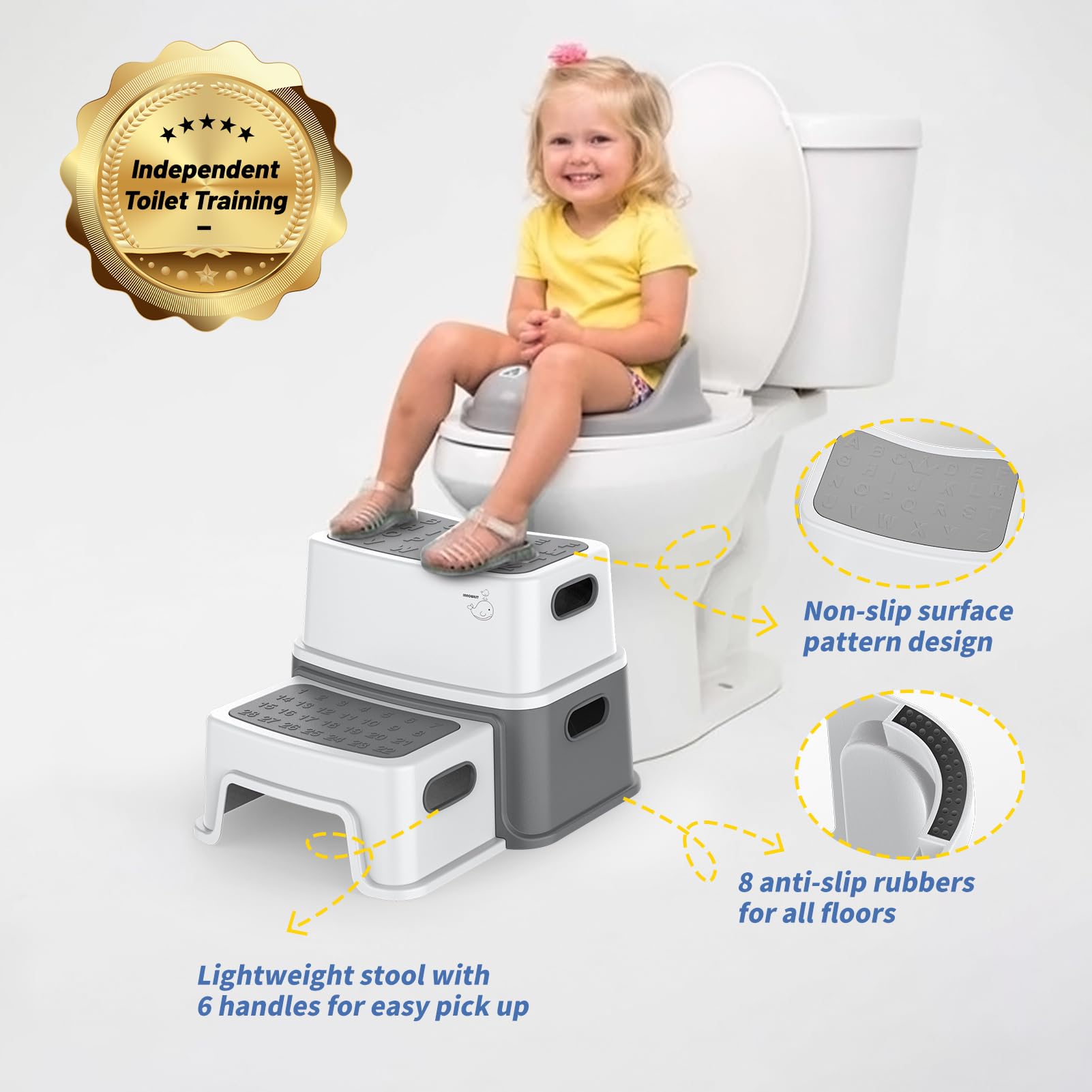 INNOWEST Step Stool for Kids (Ducks Included), 2 Step Stool for Bathroom Sink, Anti-Slip Sturdy Toilet Potty Training Toddler Stool with Handles (Grey)