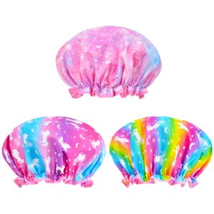 Shower Cap for Kids, 3 Pcs Kids Shower Caps for Girls, Cute Rainbow Hair Cap Wide Elastic Band, Plastic Reusable Waterproof Toddler Shower Cap, Large Bath Cap for Kids Girls Women (Unicorn)