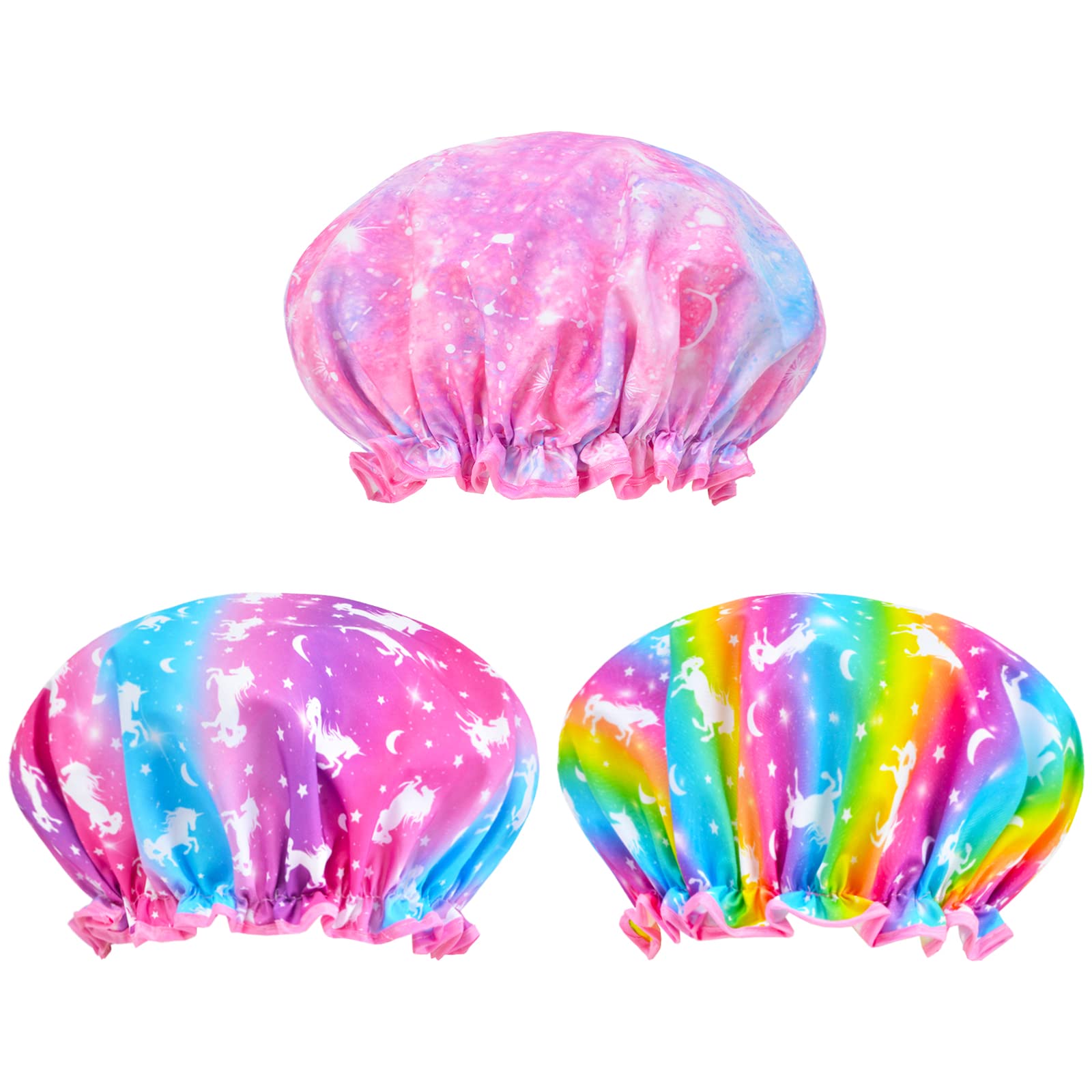 Shower Cap for Kids, 3 Pcs Kids Shower Caps for Girls, Cute Rainbow Hair Cap Wide Elastic Band, Plastic Reusable Waterproof Toddler Shower Cap, Large Bath Cap for Kids Girls Women (Unicorn)