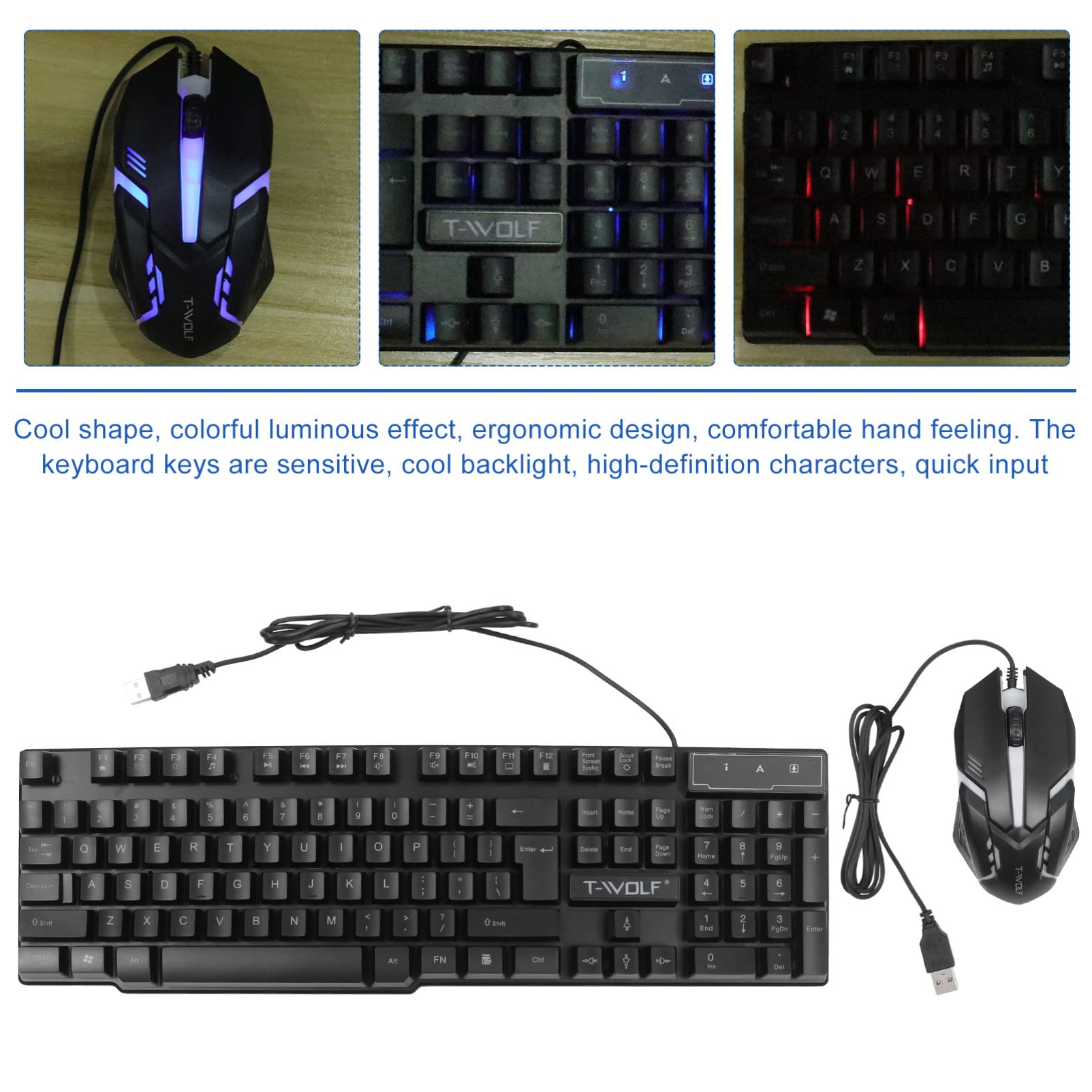 OSALADI 1 Set USB Wired Keyboard and Mouse Set Portable Plastic Office Led