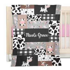 personalized baby blanket - soft cow print patchwork custom blanket - baby shower toddler nursery bed blankets stroller crib 30x40 in