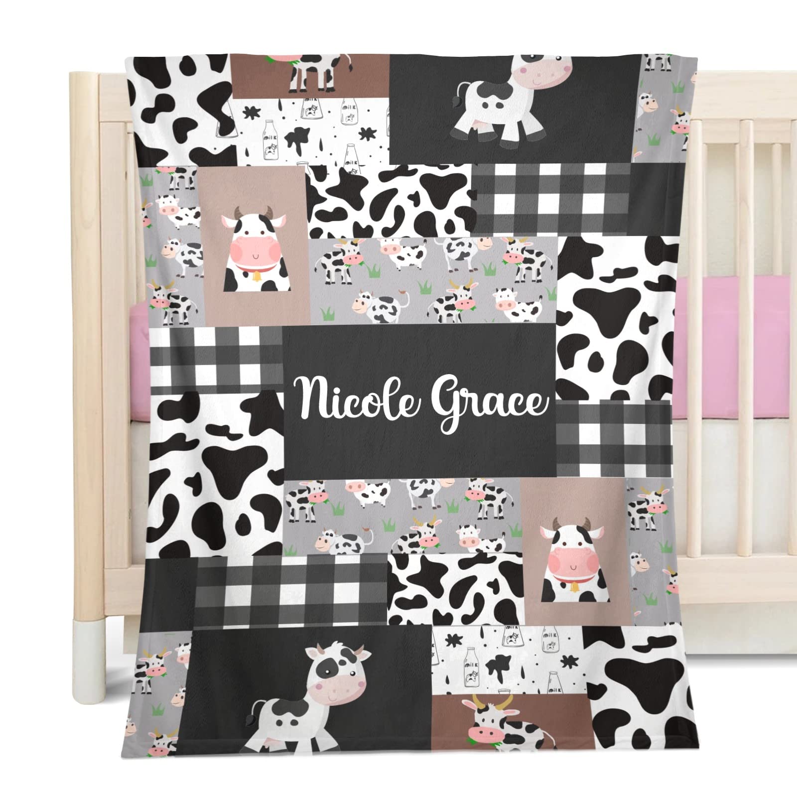 Personalized Baby Blanket - Soft Cow Print Patchwork Custom Blanket - Baby Shower Toddler Nursery Bed Blankets Stroller Crib 30x40 in