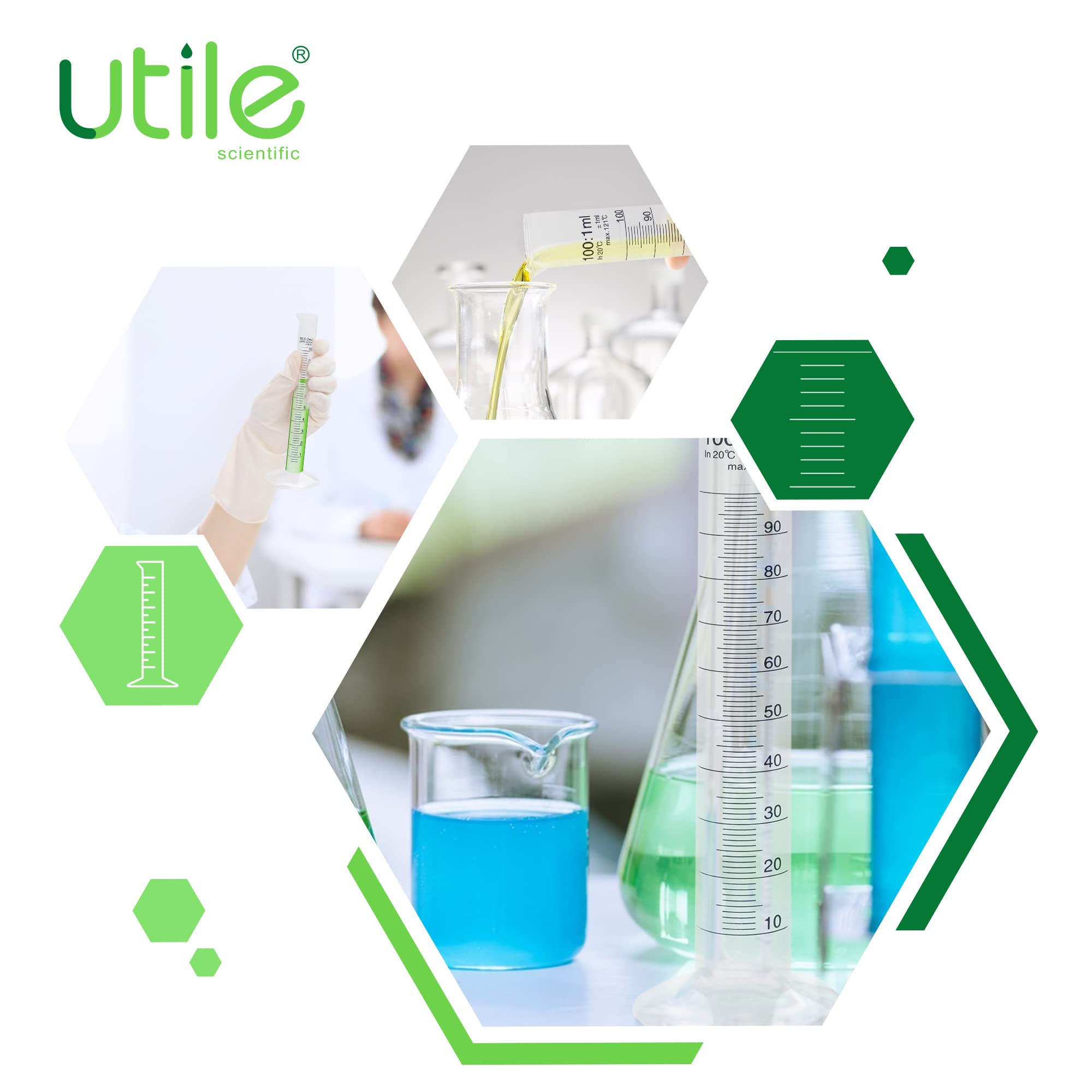 Utile Plastic Graduated Measuring Cylinder Set, 3 Sizes 10ml 50ml and 100ml, PP Material with Hexagonal Base and Blue Printed Graduation, 4099.0015.1.