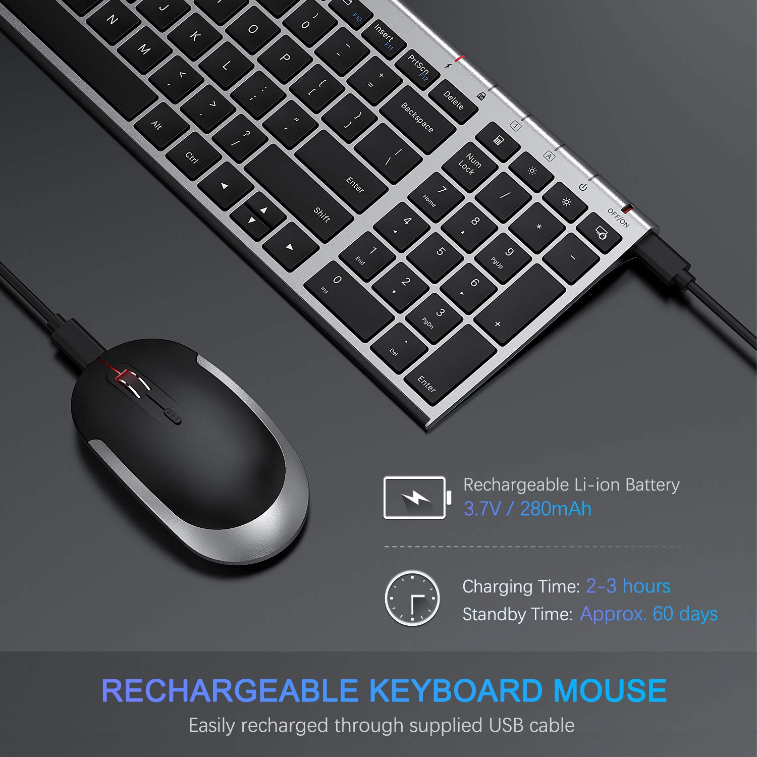 TechGround Rechargeable Wireless Keyboard Mouse, 2.4GHz Ultra Slim Compact Wireless Keyboard Mouse Combo for Laptop, Desktop, Windows