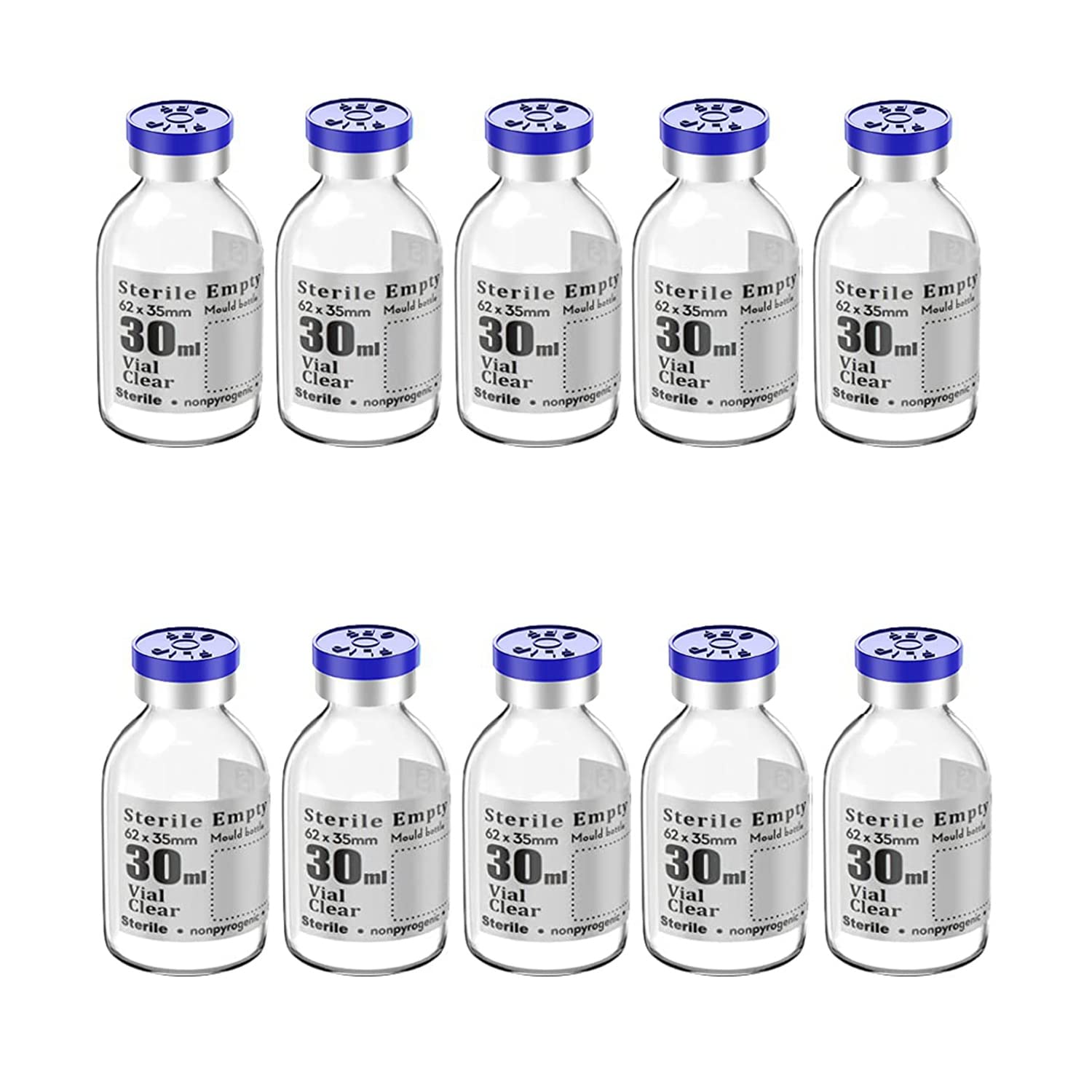 Biocomma 30ml 10pcs Sterile Empty Vial with Plastic Aluminum Flip Off Caps，Penicillin Bottle 20mm Crimp Top Sterile Transparent Borosilicate Lab Sample Vial (Transparent)