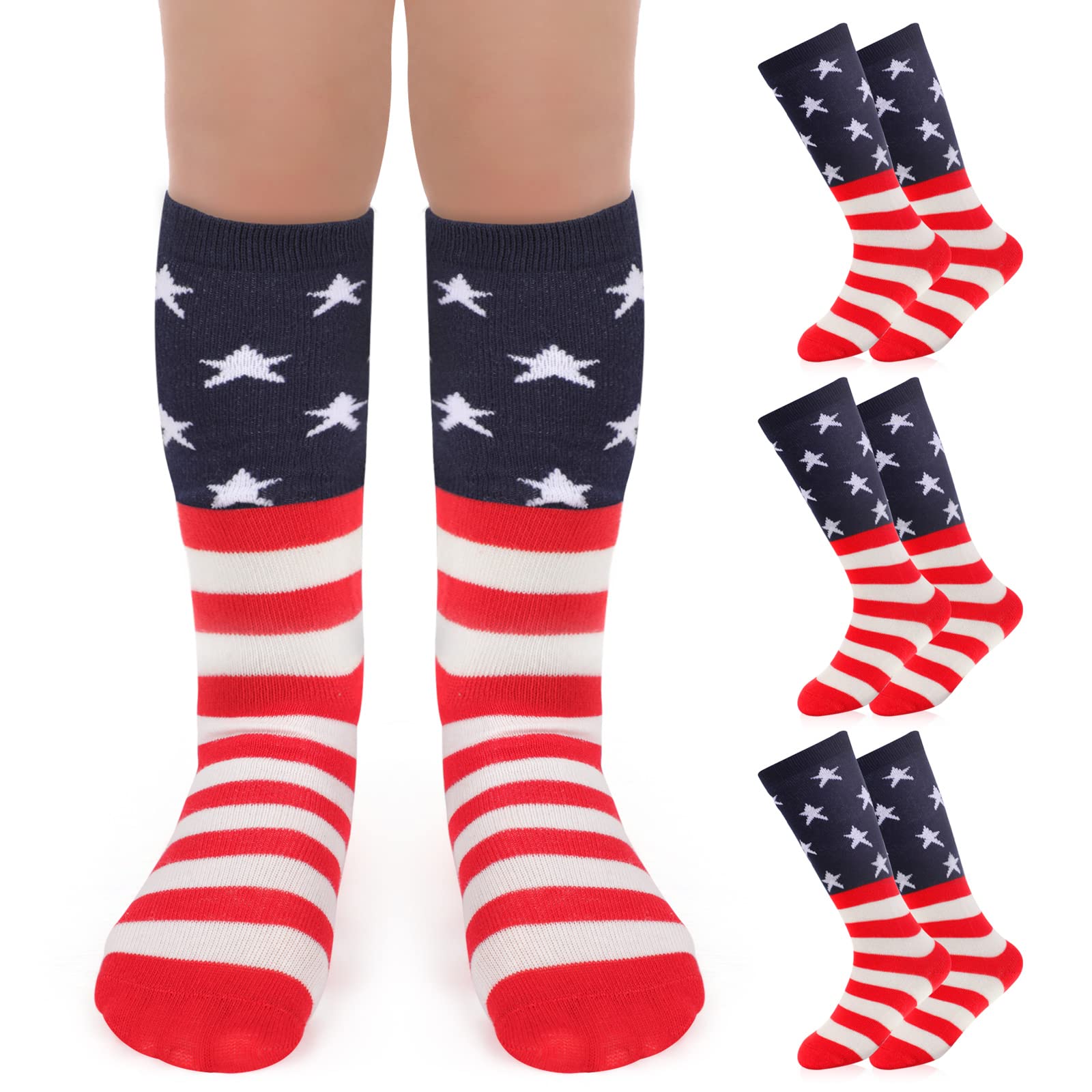 Haysandy Kids 4 Pairs American Flag Socks Cotton Independence Day Socks USA Knee High Socks for Girls Boys Baby Toddler (4-6 Years)