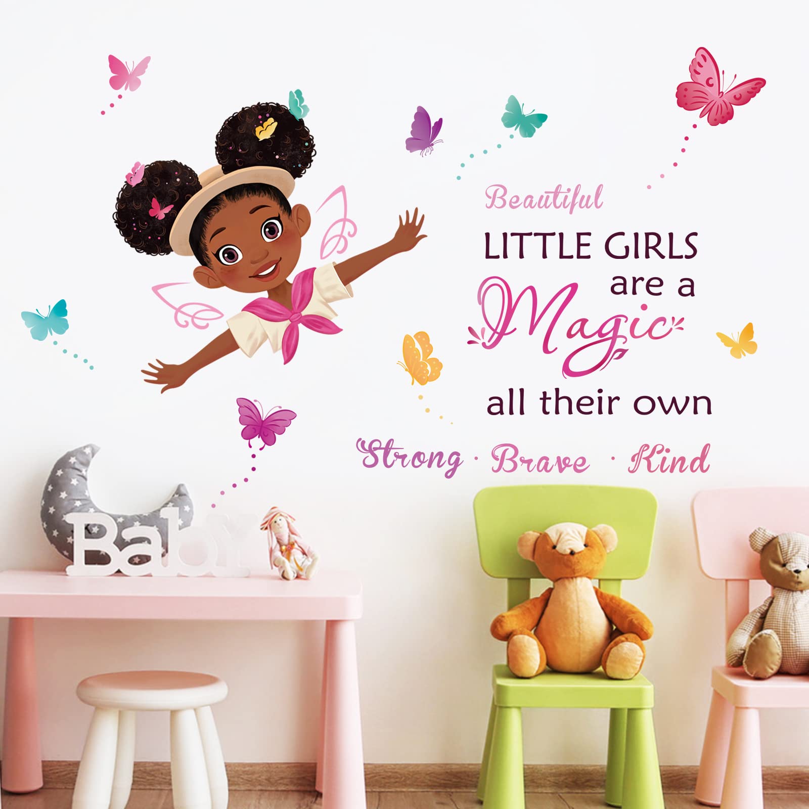 decalmile Black Girl Magic Adventure Wall Stickers Pink Butterfly Inspirational Quote Wall Decals Girls Bedroom Baby Nursery Daycare Wall Decor