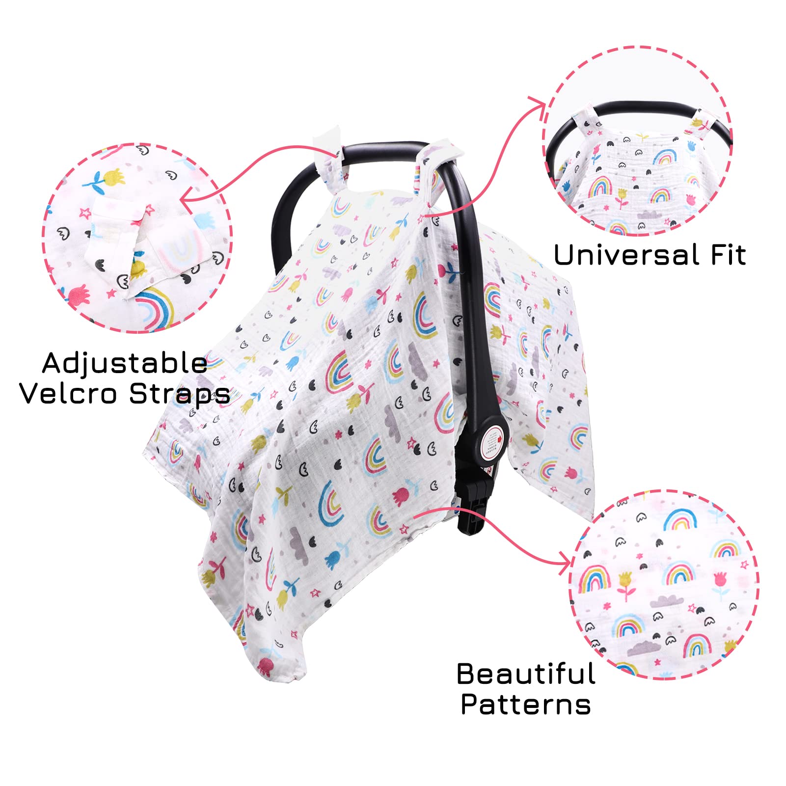 Muslin Baby Car Seat Canopy, Infant Carseat Cover, Lightweight Breathable Soft for Babies Girls Shower Gift (Rainbow)