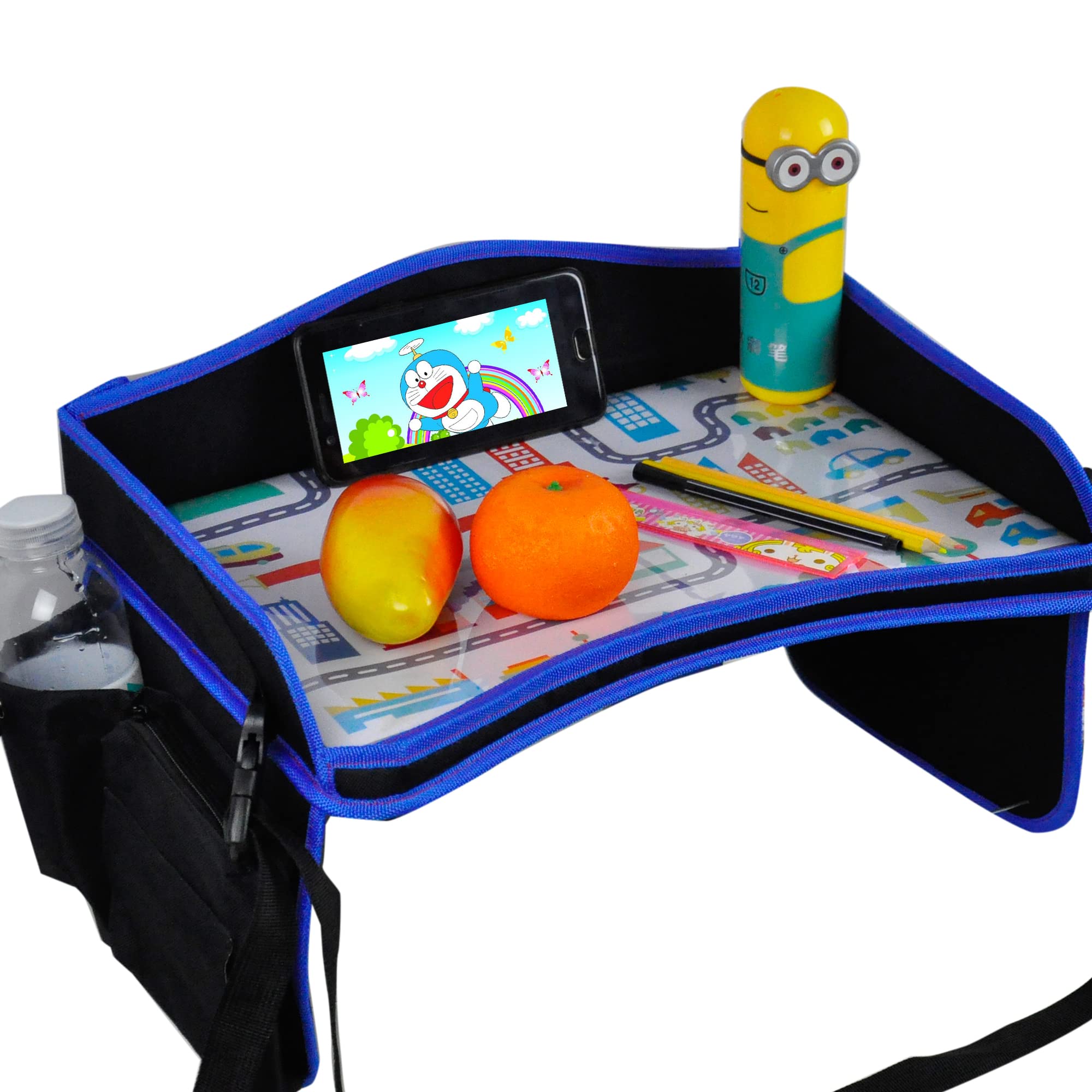 New Kids Travel Tray for Car Roadtrip, Fits in Airplane and Baby Carseats, Waterproof Top, Side Pockets & Bottle Holder, 16.9 x 12.6 Inches (Blue/Black)