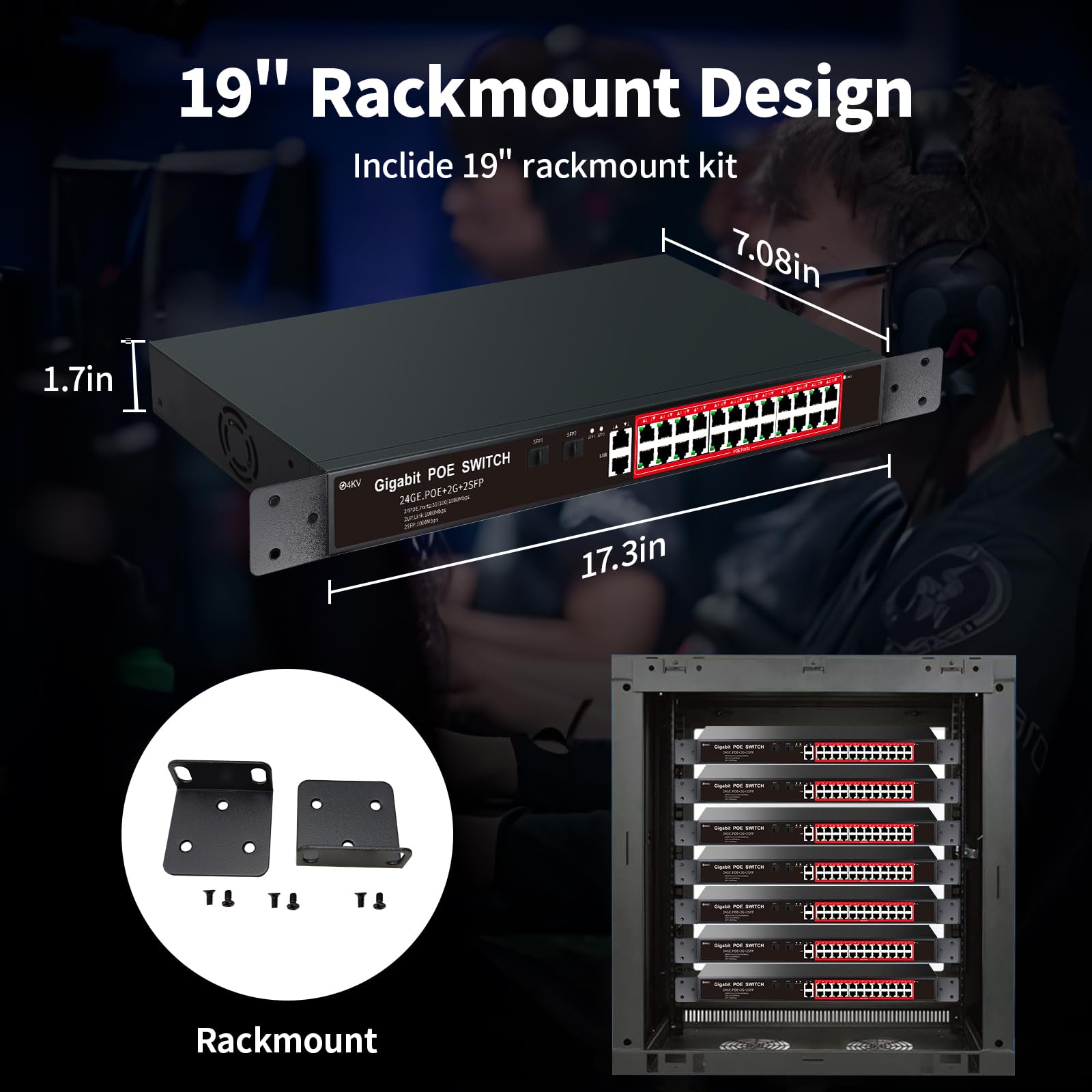 STEAMEMO 24 Port Gigabit Ethernet PoE Switch 24 PoE Ports@360W, 2 Uplink Gigabit Ports and 2 SFP Slots, Metal Casing, Fanless, Plug and Play, Overload Protection w/ Port