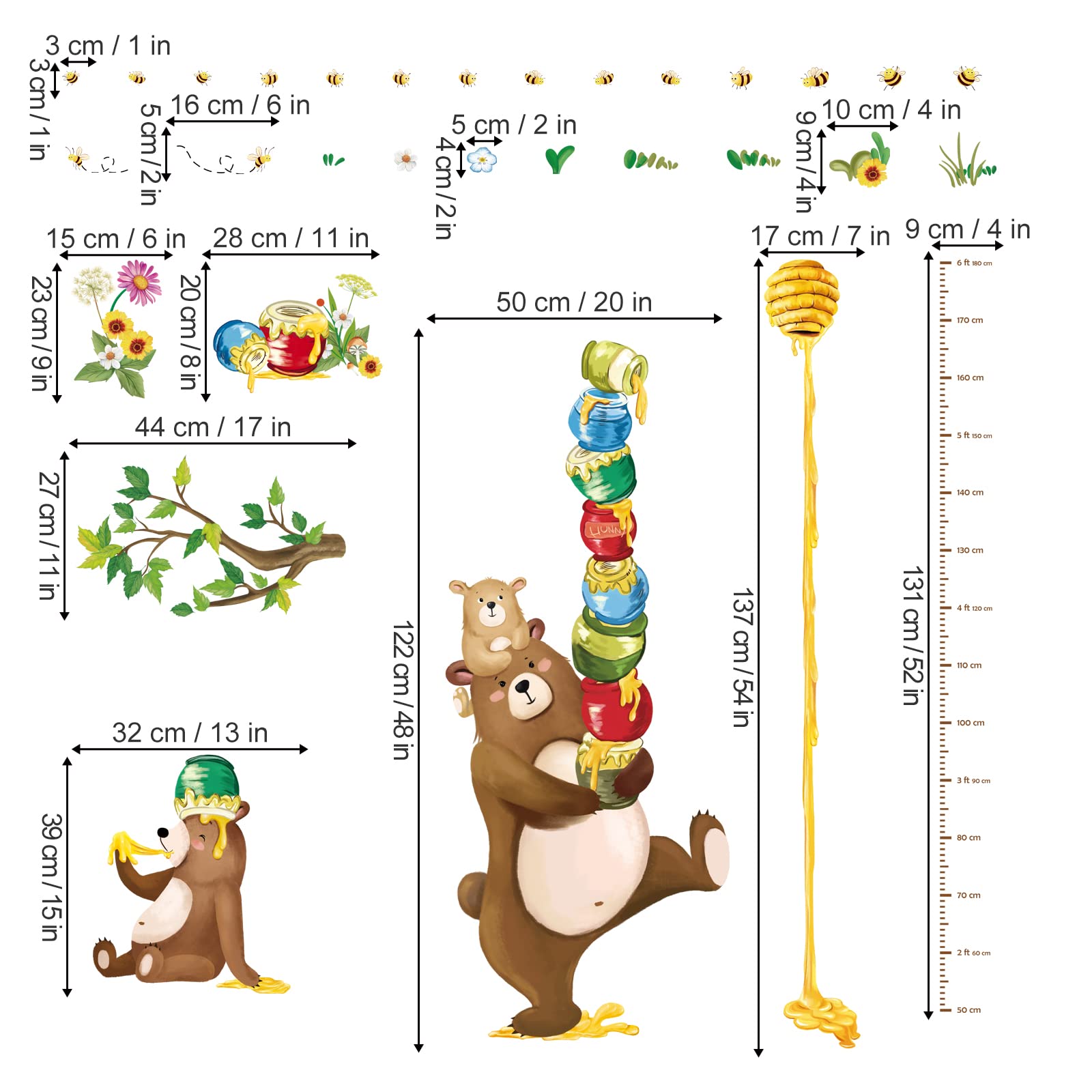 decalmile Large Bear Height Chart Wall Stickers Bee Honey Tree Wall Decals Kids Room Bedroom Baby Nursery Wall Decor