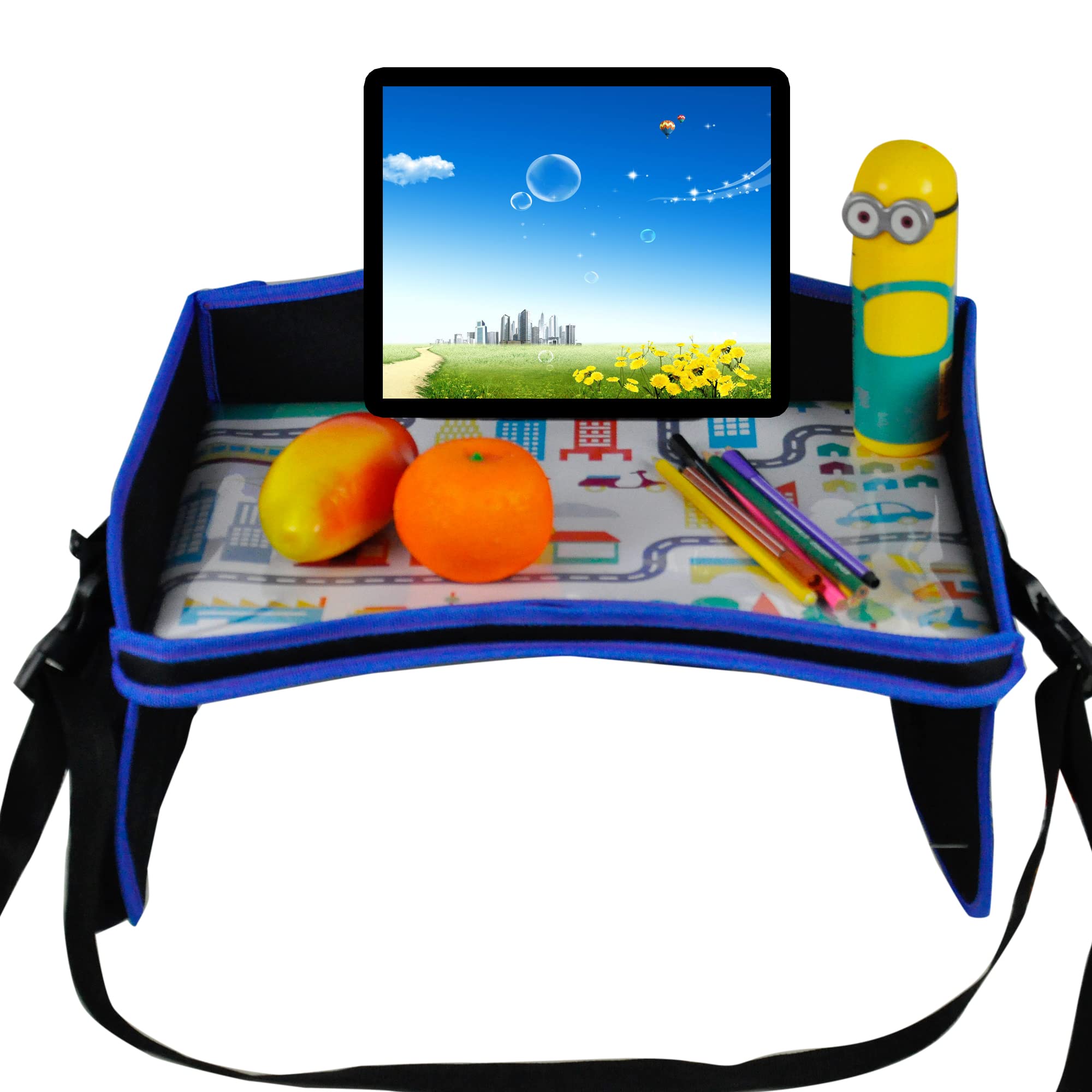 New Kids Travel Tray for Car Roadtrip, Fits in Airplane and Baby Carseats, Waterproof Top, Side Pockets & Bottle Holder, 16.9 x 12.6 Inches (Blue/Black)