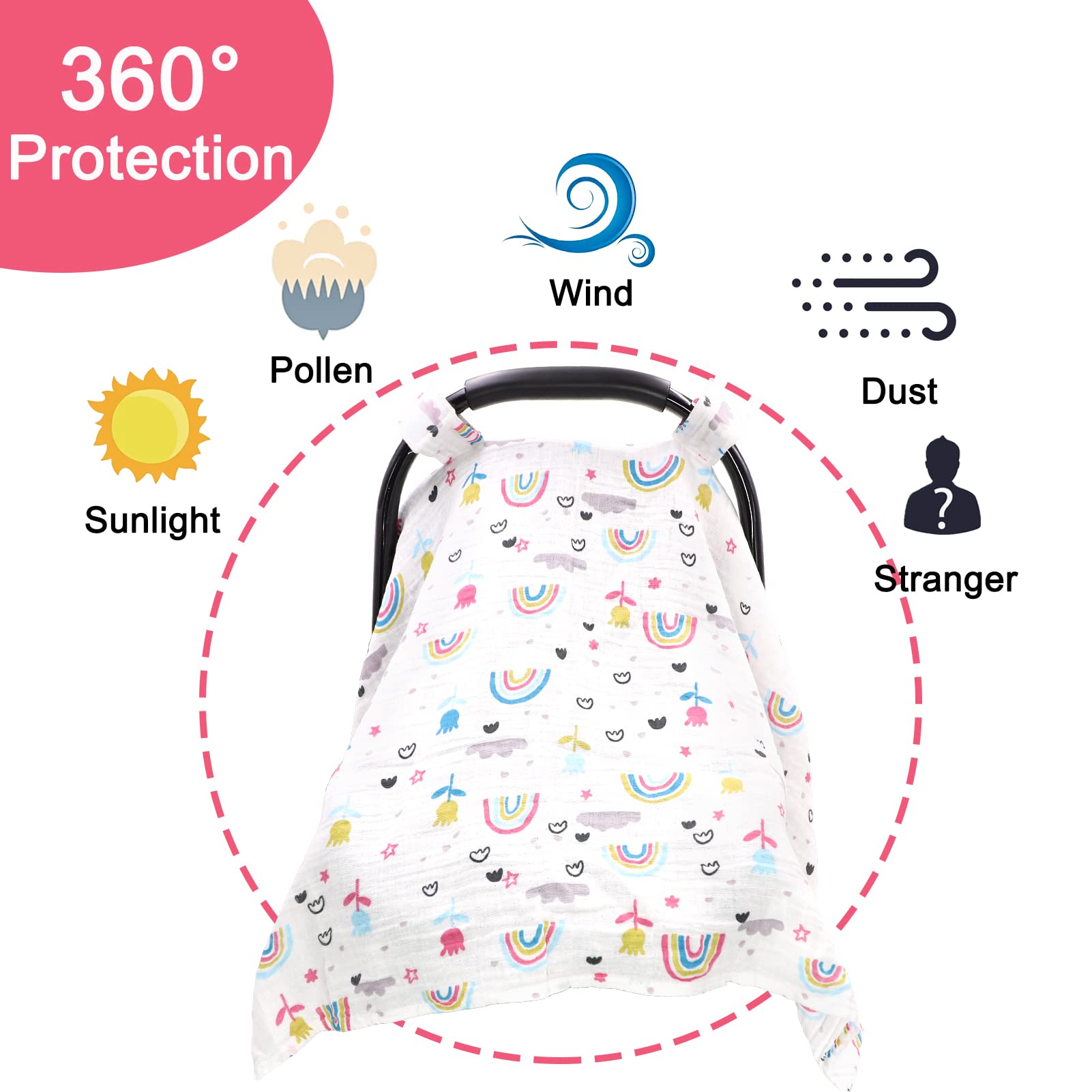 Muslin Baby Car Seat Canopy, Infant Carseat Cover, Lightweight Breathable Soft for Babies Girls Shower Gift (Rainbow)