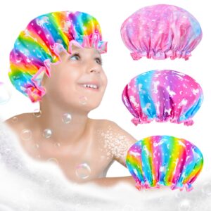 shower cap for kids, 3 pcs kids shower caps for girls, cute rainbow hair cap wide elastic band, plastic reusable waterproof toddler shower cap, large bath cap for kids girls women (unicorn)