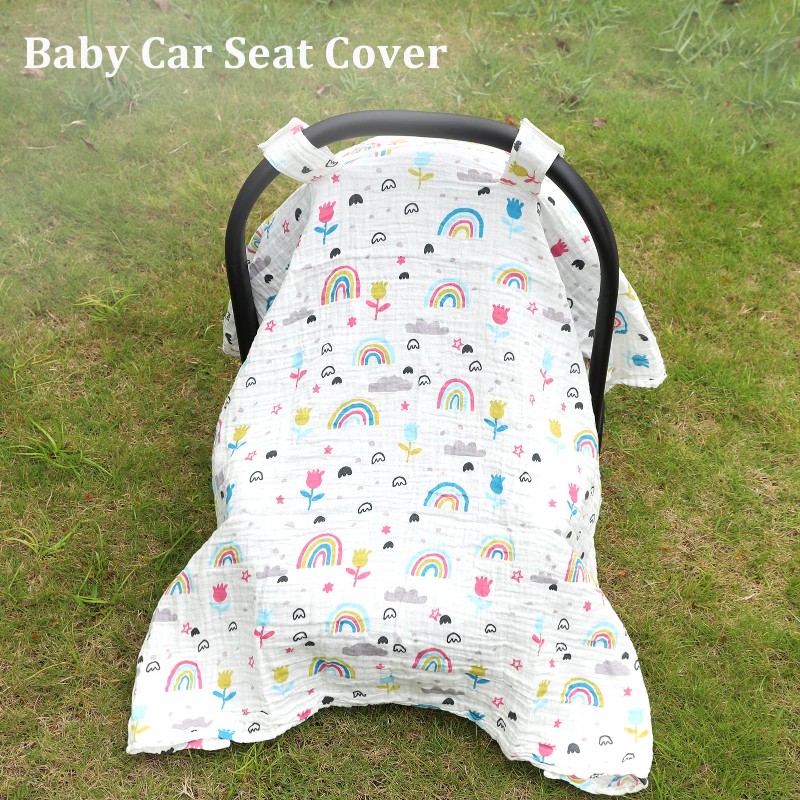 Muslin Baby Car Seat Canopy, Infant Carseat Cover, Lightweight Breathable Soft for Babies Girls Shower Gift (Rainbow)