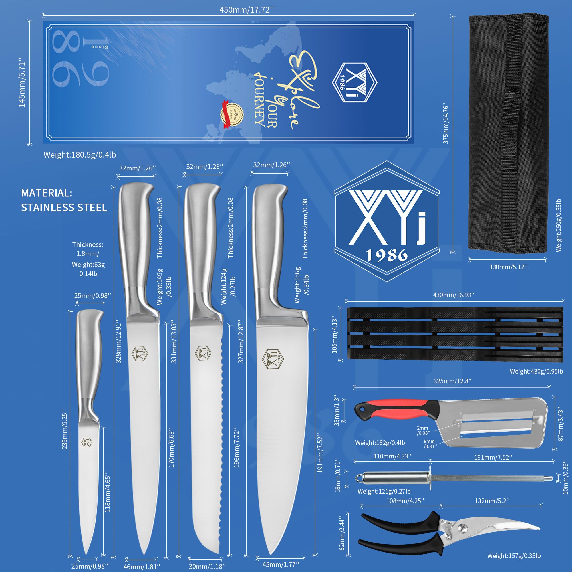 XYJ Professional Knife Sets,Chef Knife Set with Bag,Case,Scissors,Culinary Kitchen Butcher Meat Cleaver,Cooking Cutting,Bread,Utility,Fruit