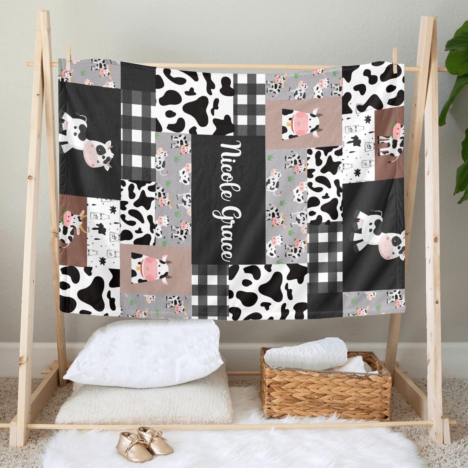 Personalized Baby Blanket - Soft Cow Print Patchwork Custom Blanket - Baby Shower Toddler Nursery Bed Blankets Stroller Crib 30x40 in