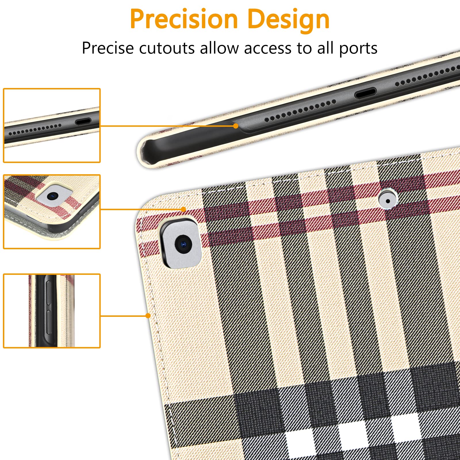 for 9th/8th/7th Generation Case (2021/2020/2019),10.2 Case Folding Stand Card Slot, Premium Leather Classic Plaid Cover Auto Wake/Sleep Smart Tablet Cover for 10.2 Inch-Creamy White