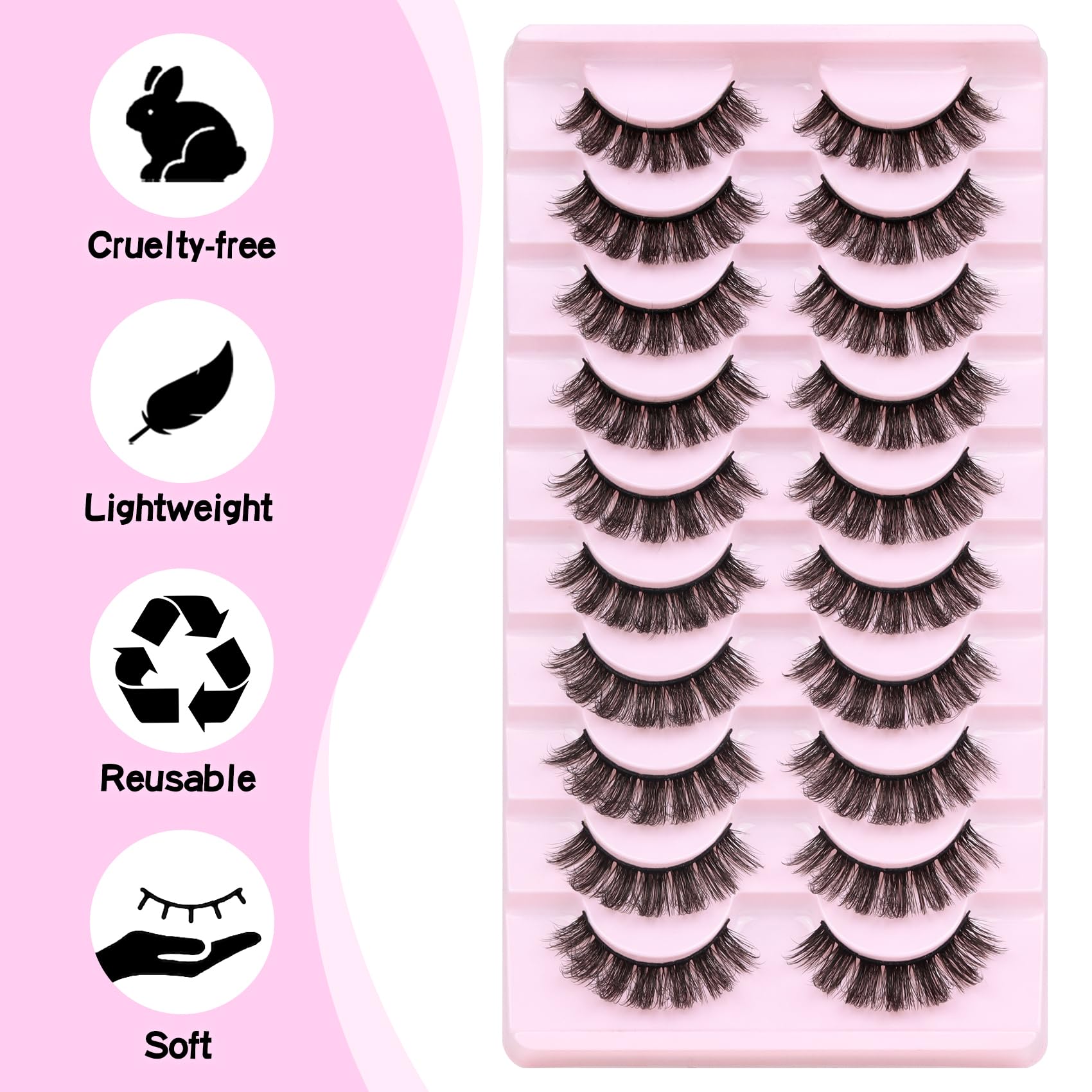 Losha Eyelashes DD Curl Russian Strip Lashes Wispy False Eyelashes that Like Lash Extensions 10 Pairs Soft Fake Lashes Pack (D03)